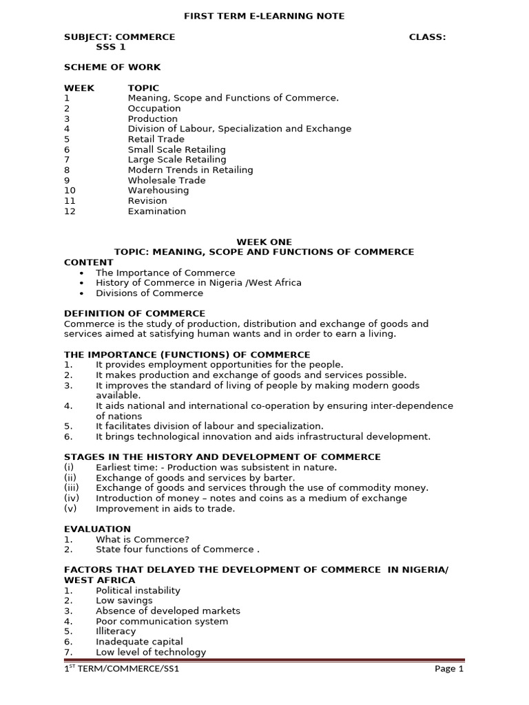First Term SS1 Commerce | PDF | Cost Of Living | Retail