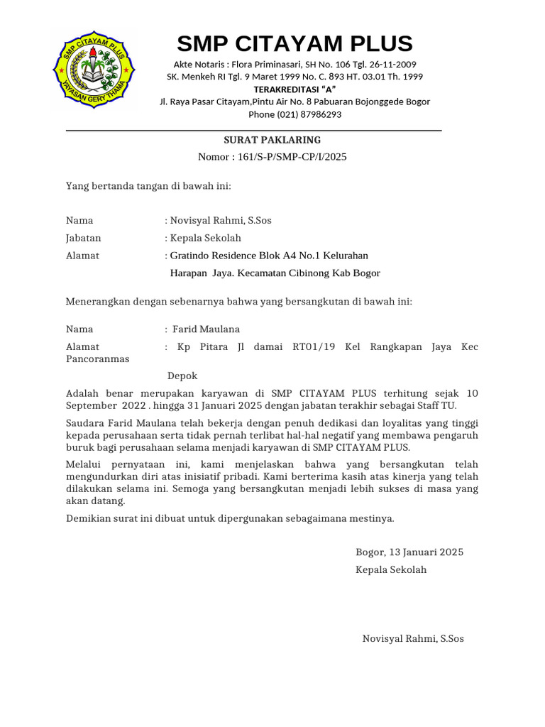 Contoh Surat Paklaring | PDF