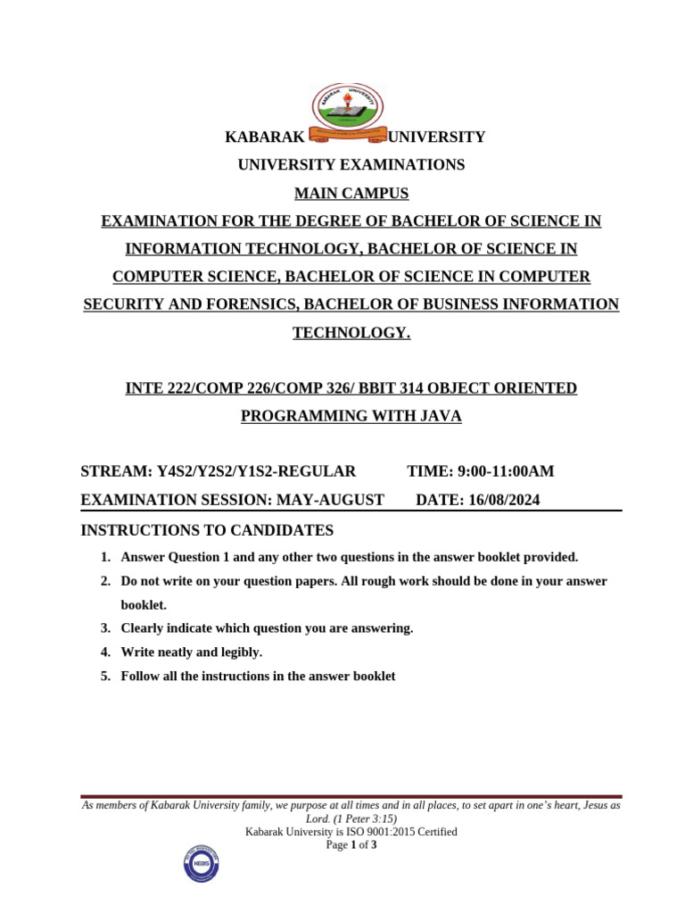 Inte 222 Comp 226 Comp 326 Bbit 314 Object Oriented Programming With Java - Kabarak University ...