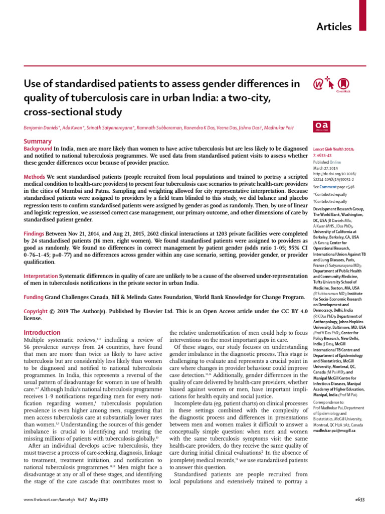 Use of Standardised Patients To Assess Gender Diff | PDF | Tuberculosis | Regression Analysis