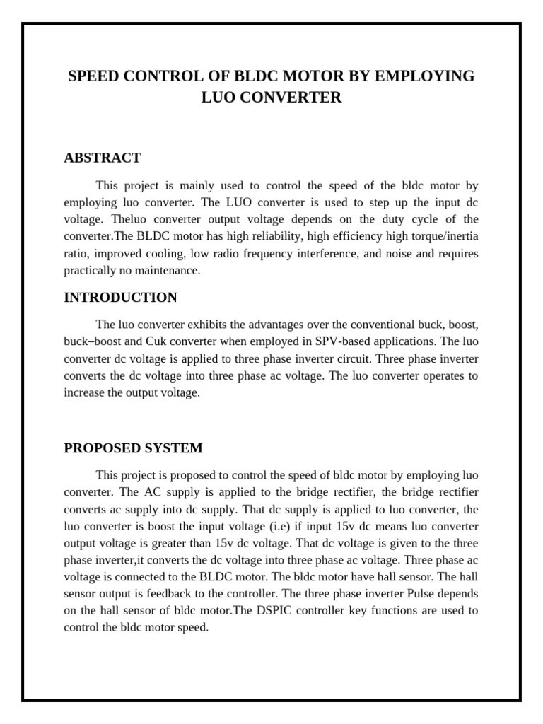 Speed Control of BLDC Motor Using Luo Converter | PDF | Power Inverter | Amplifier