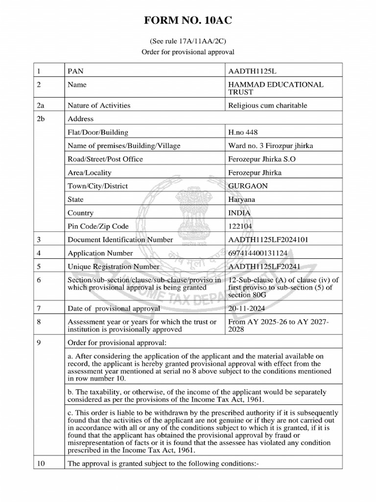 Section 80G Income Tax Certificate | PDF