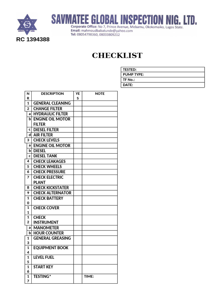 Checklist - Sav - Wasara Pump | PDF | Crane (Machine) | Diesel Engine