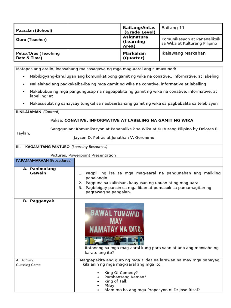 FILIPINO - Grade-11-Lesson-Plan - docxCONATIVE, INFORMATIVE AT LABELING ...