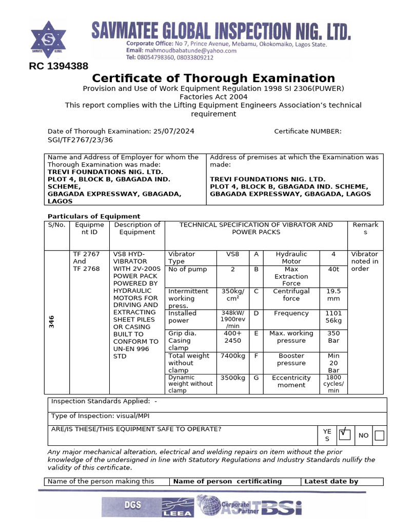 Thorough Examination Certificate for Equipment | PDF | Mechanical ...