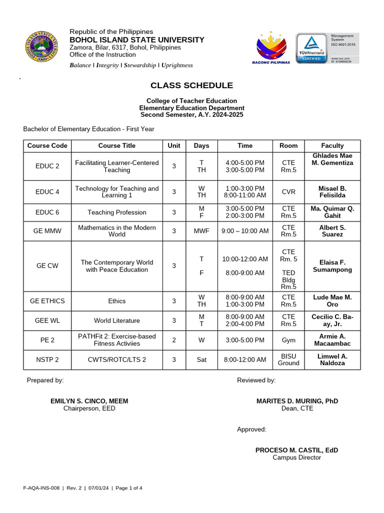 New Class Schedule Rev2 2nd Sem 2024 2025 | PDF