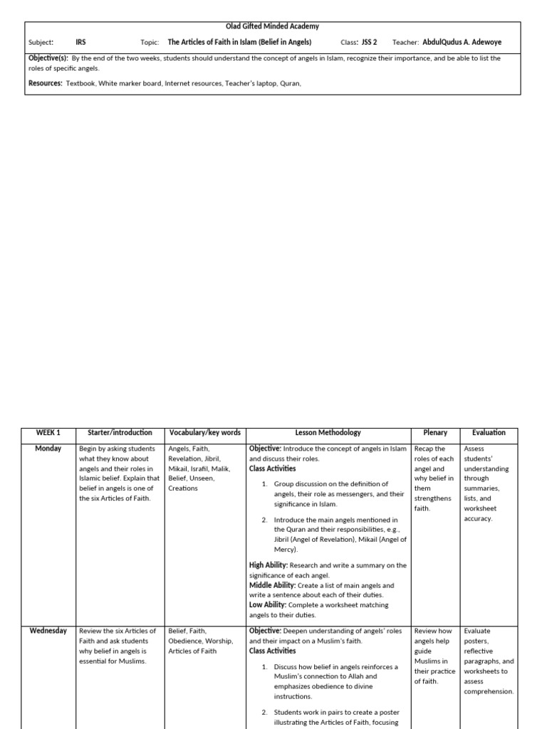JSS 2 IRS 1st LESSON PLAN By AbdulQudus A | PDF | Prophets And ...