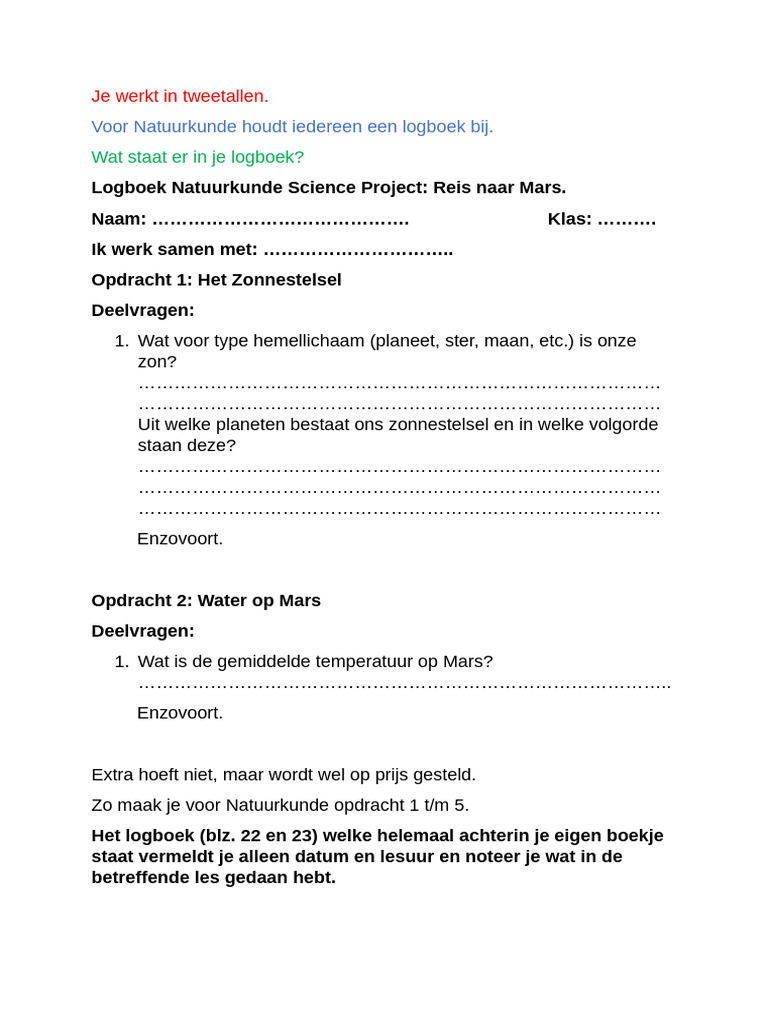 Mars Project voorbeeld logboek | PDF
