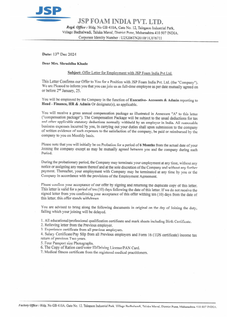 JSP Offer Letter | PDF