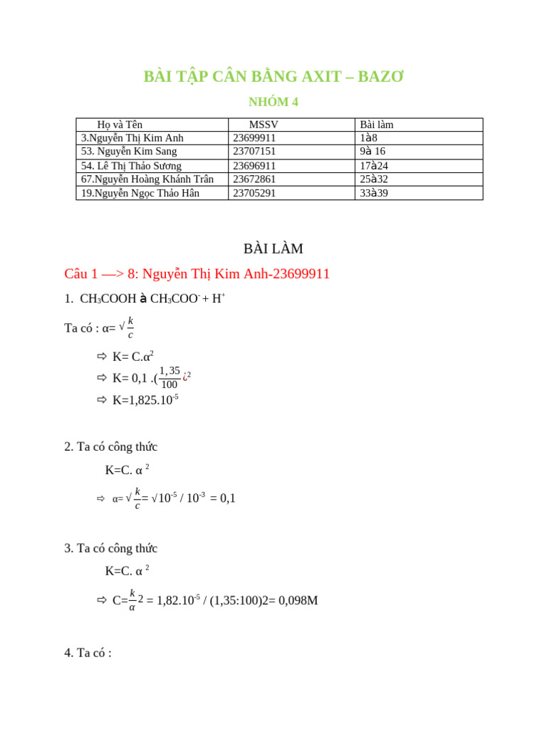 BÀI TẬP CÂN BẰNG AXIT-NHÓM4 | PDF