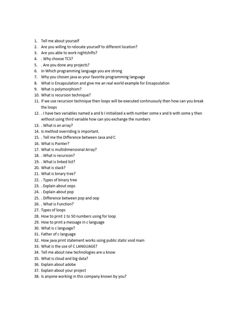TCS Interview Questions | PDF | C (Programming Language) | Object ...