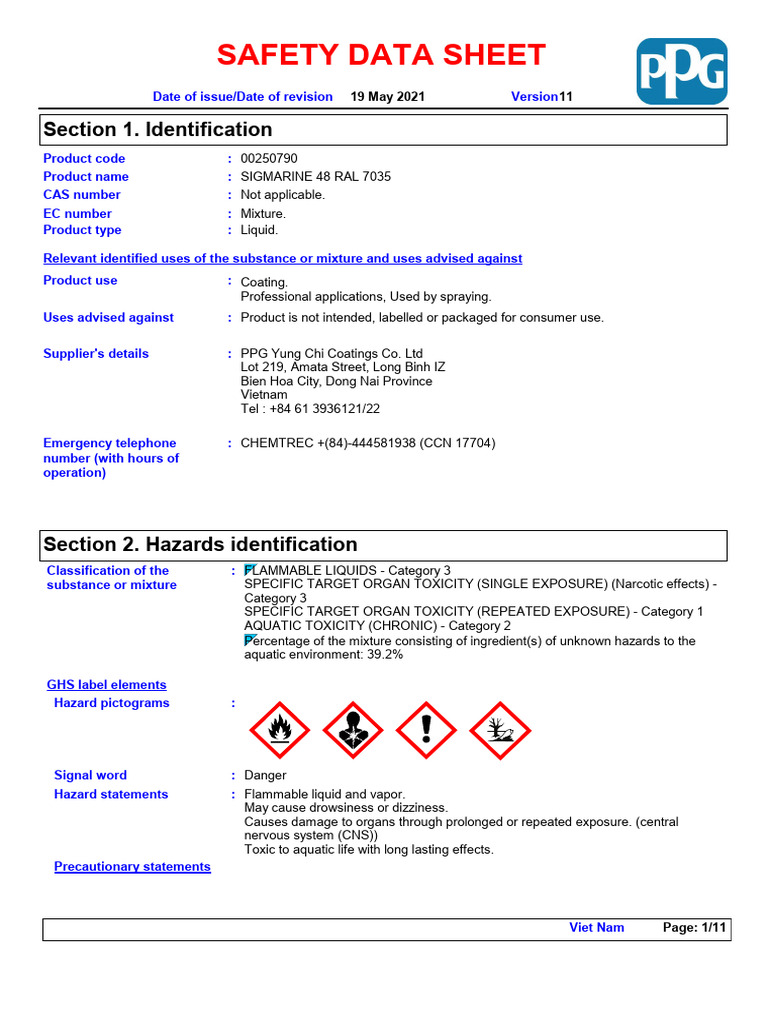 SIGMARINE 48 RAL 7035 Safety Data Sheet | PDF | Dangerous Goods | Toxicity