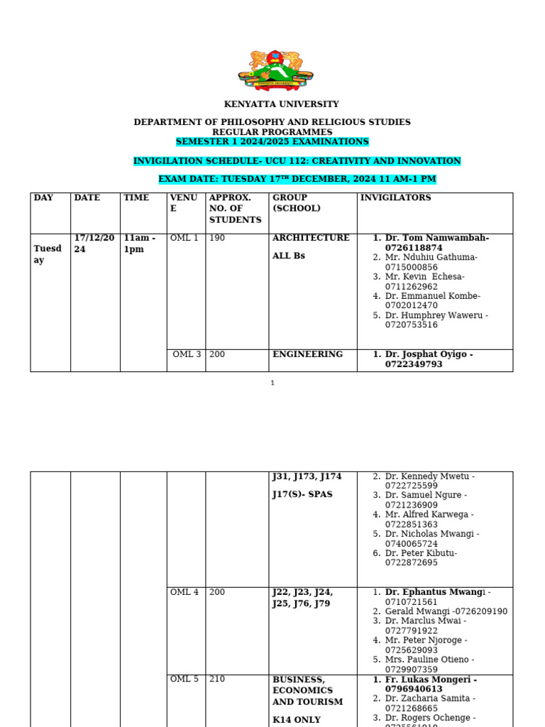 Final Ucu 112 Invigilation Timetable for First Semester 2024 -2025 | PDF