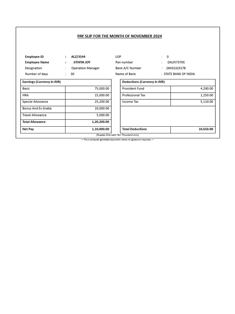 November 2024 Pay Slip for Jithiya Joy | PDF