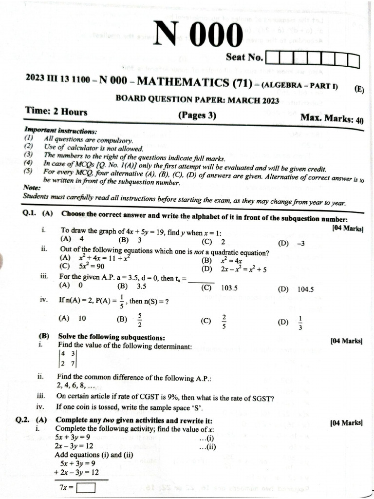 10sb BQP Maths-1 March-23 | PDF