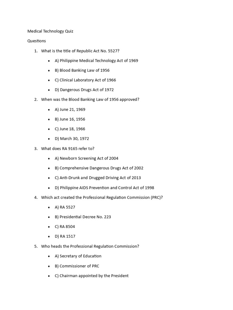 Medical Technology Quiz Questions | PDF | Medical Laboratory | Health Care
