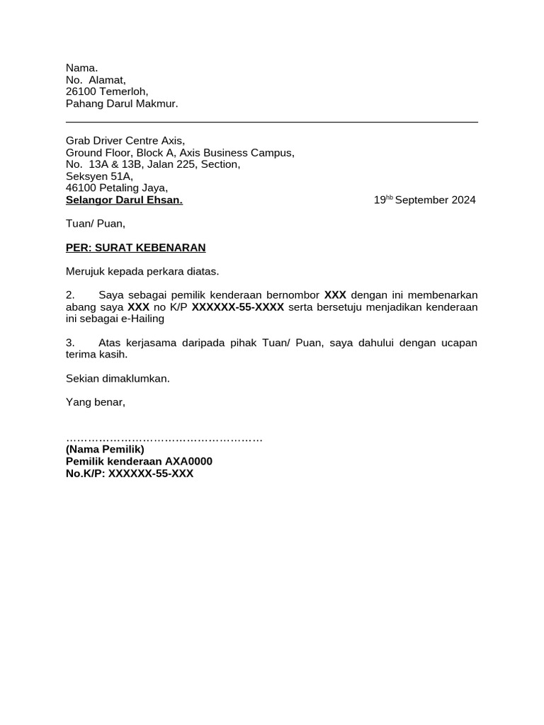 Contoh SRT Kebenaran Buat Ehailing | PDF