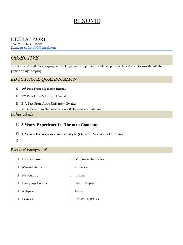 Neeraj Kori Resume - MBA Graduate | PDF