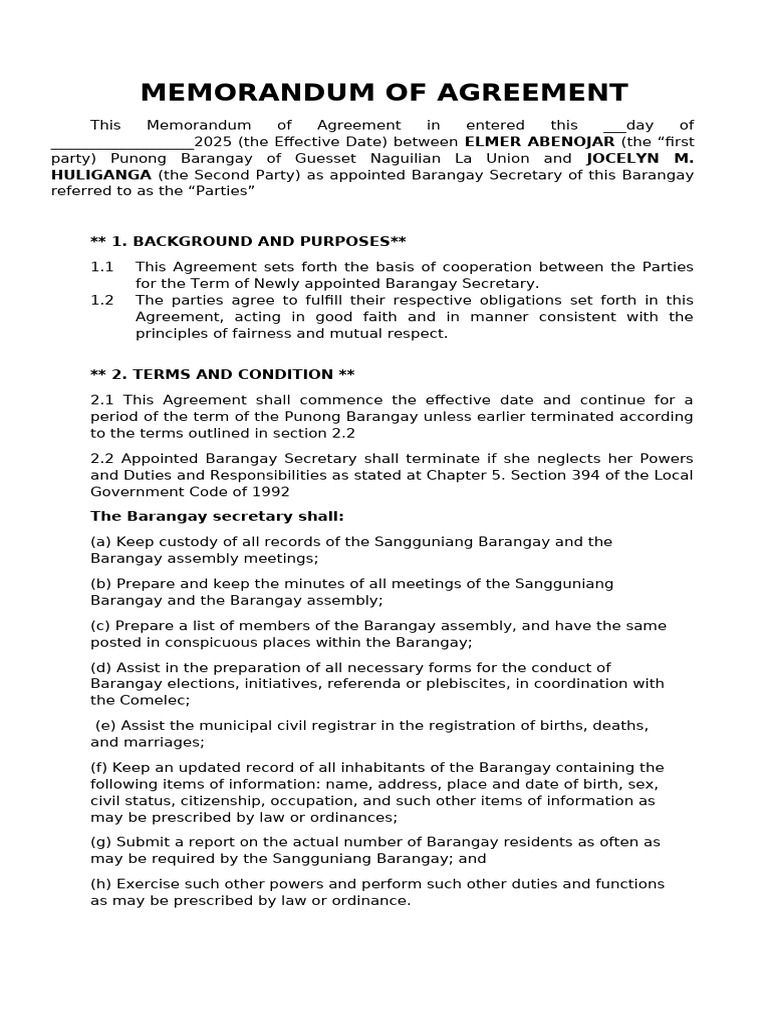 MEMORANDUM OF AGREEMENT guesset | PDF | Civil Law (Legal System ...