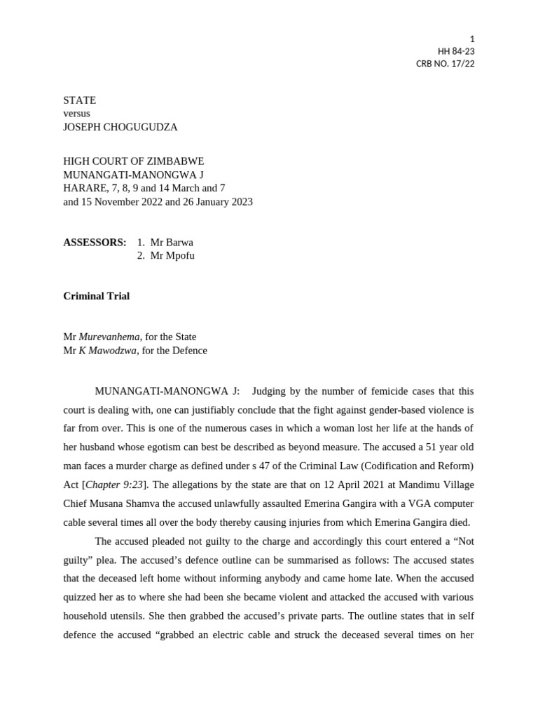S V Chogugudza (84 of 2023) 2023 ZWHHC 84 (26 January 2023) | PDF ...