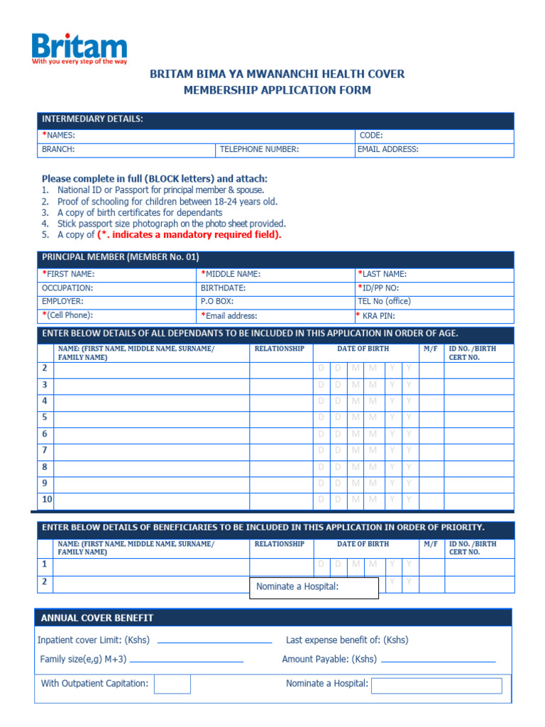 Britam Health Cover Application Form | PDF | Insurance | Hospital