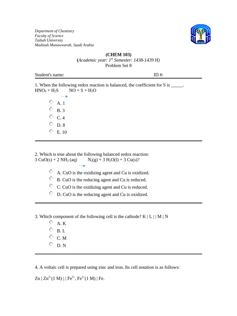 Problem Set 8 Q & A | PDF | Redox | Zinc