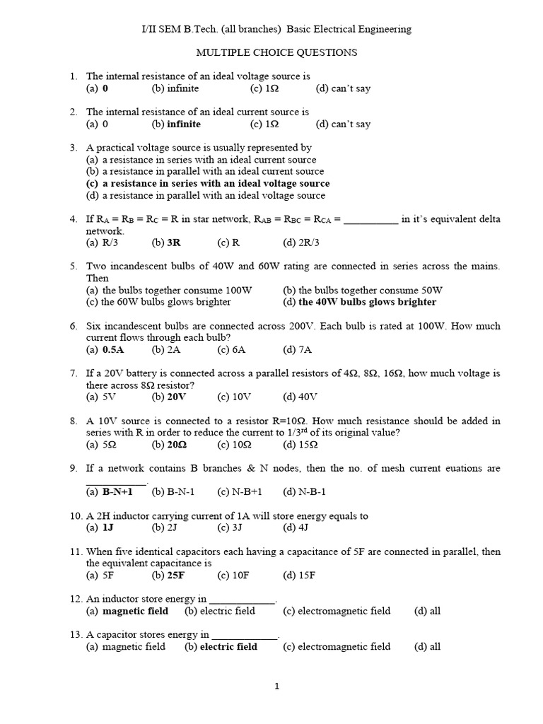 Multiple Choice Questions | PDF | Ac Power | Series And Parallel Circuits