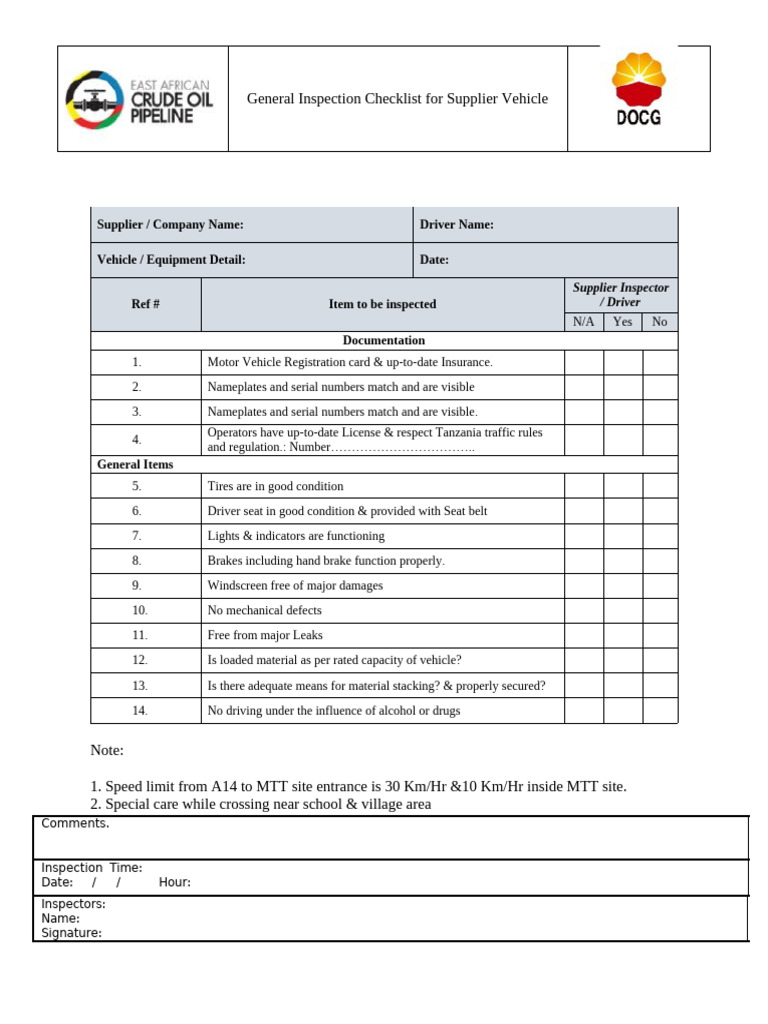 Supplier Vehicle Inspection Checklist | PDF | Vehicles | Road Transport
