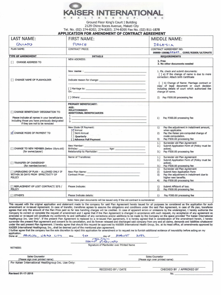 Amendment Form Kaiser | PDF