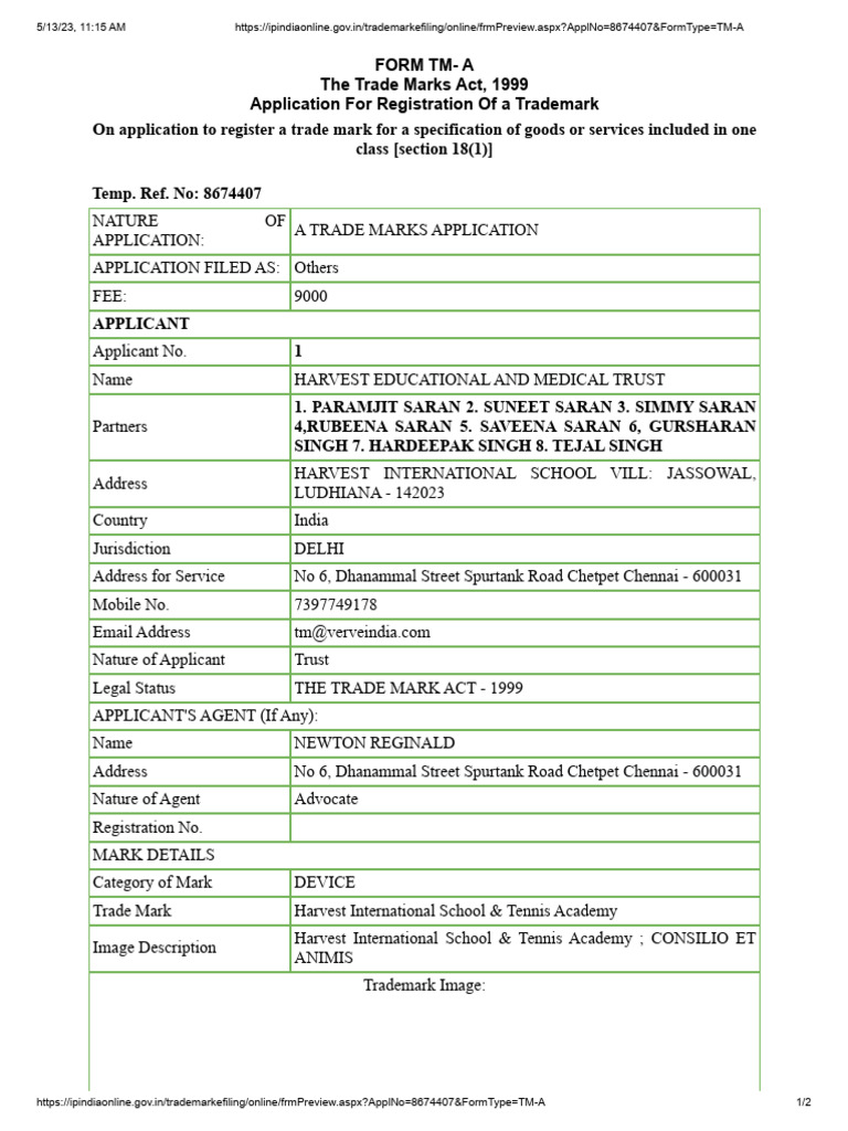 Frmpreview Harvest International School & Tennis Academy | PDF | Trademark