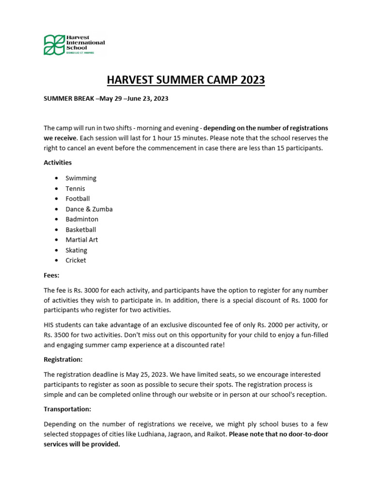 HARVEST Summer Camp 2023 | PDF