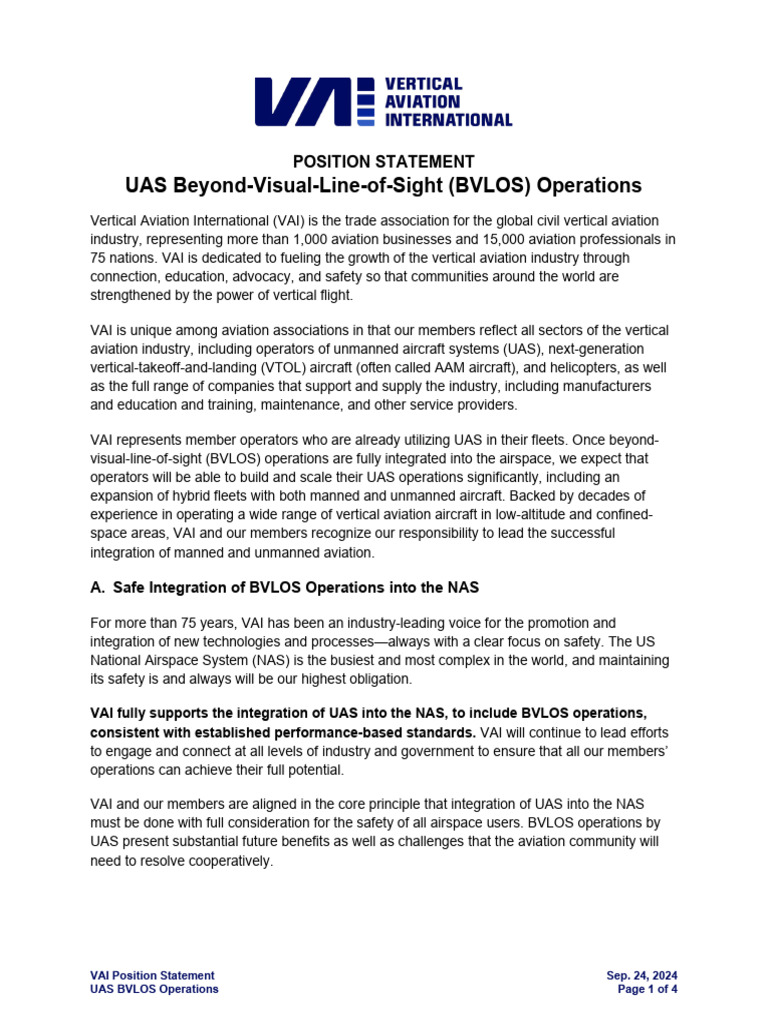 VAI Position on UAS BVLOS Operations | PDF | Unmanned Aerial Vehicle ...