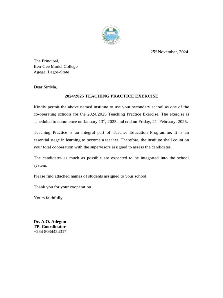 2024/2025 Teaching Practice Details | PDF | Teacher Education | Teachers