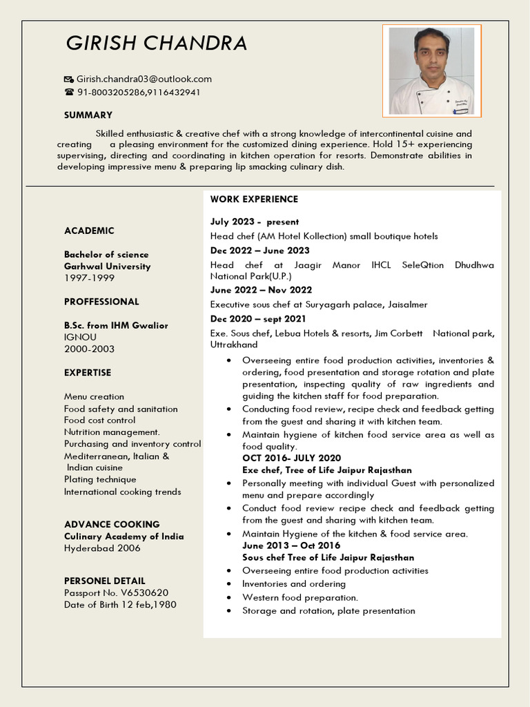 Girish Chandra Cv | PDF | Chef | Kitchen