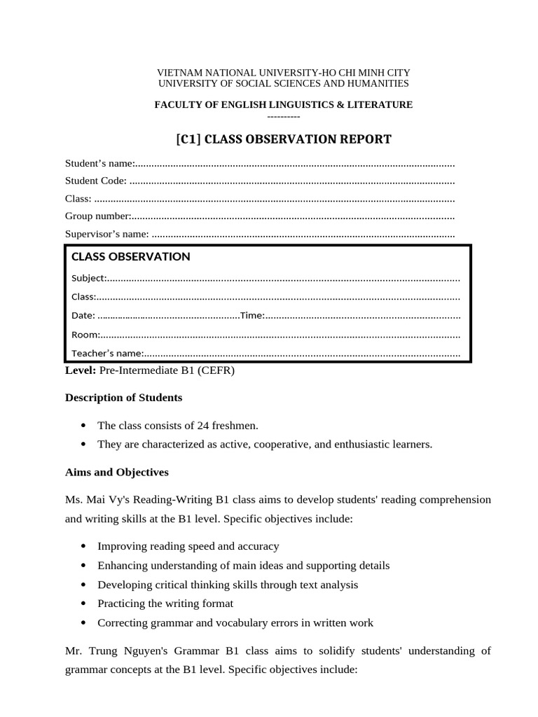 (C1) Class Observation Report | PDF | Reading Comprehension | Teachers