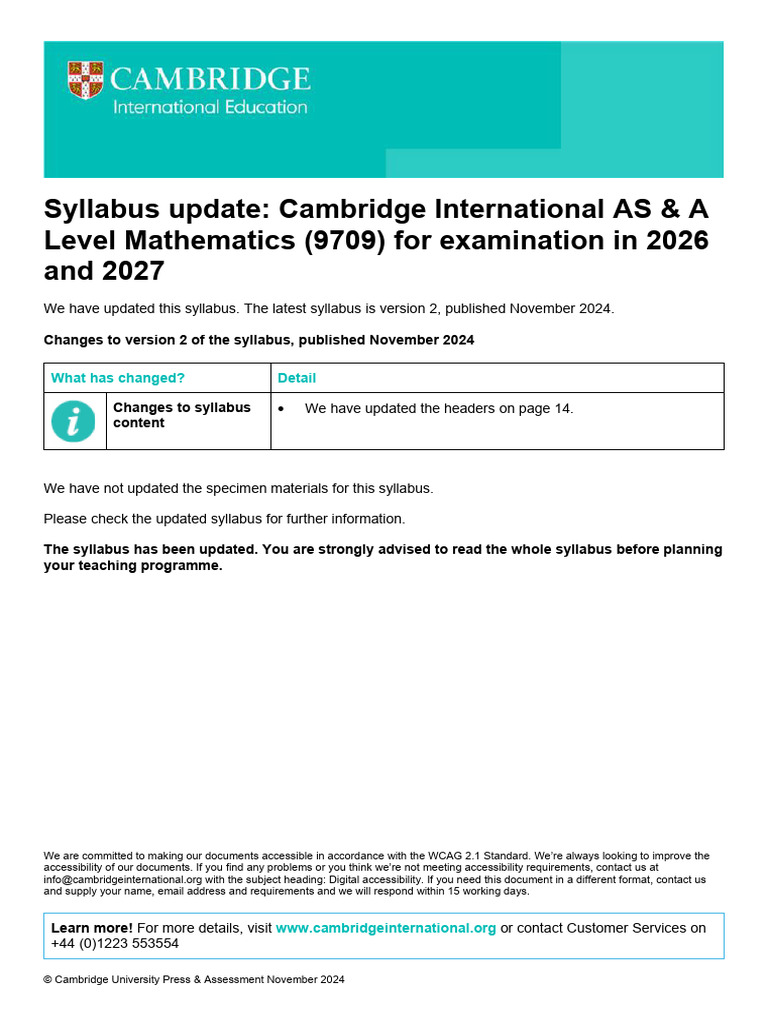 Syllabus Update: Cambridge International AS & A Level Mathematics (9709 ...