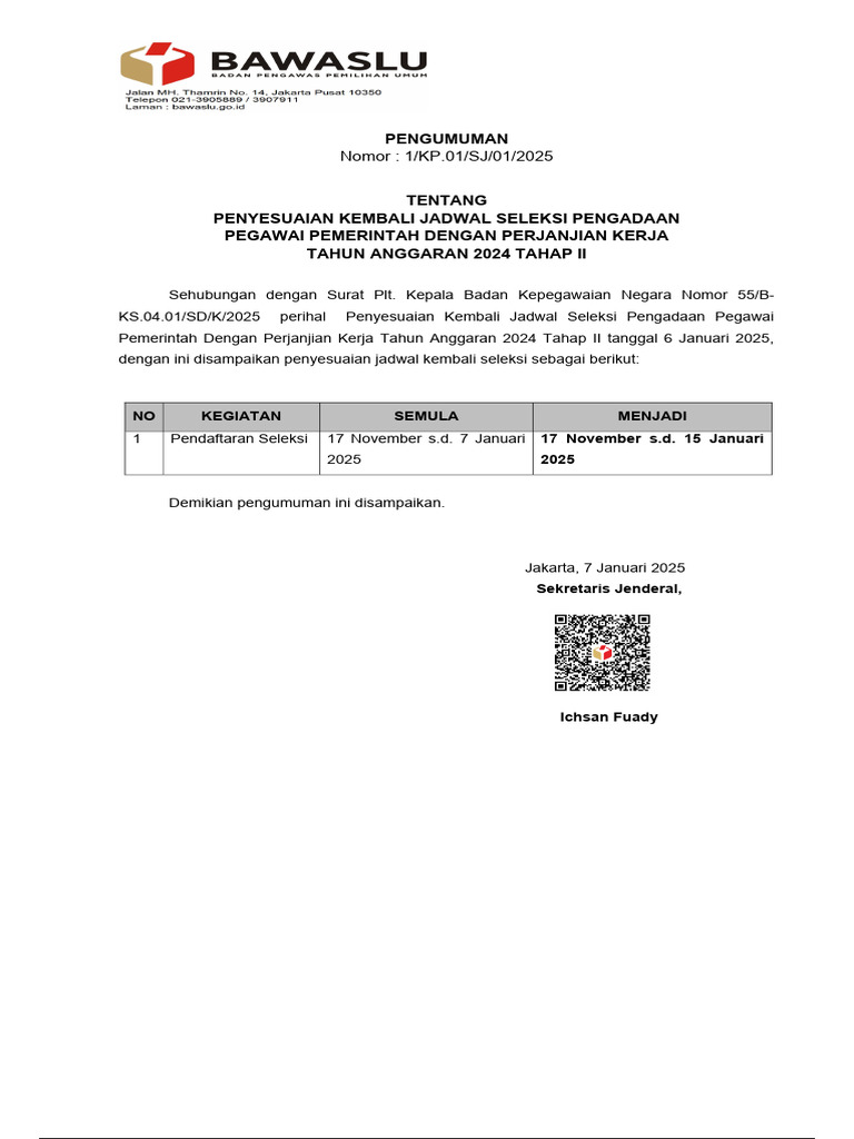 PENGUMUMAN PENYESUAIAN KEMBALI JADWAL SELEKSI PENGADAAN PPPK TAHAP II | PDF