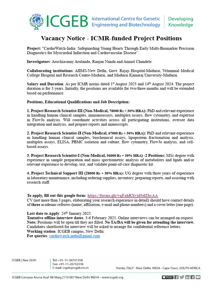 Advt ICMR Project Positions ICGEB Sam 10jan2025 Final 1 | PDF ...