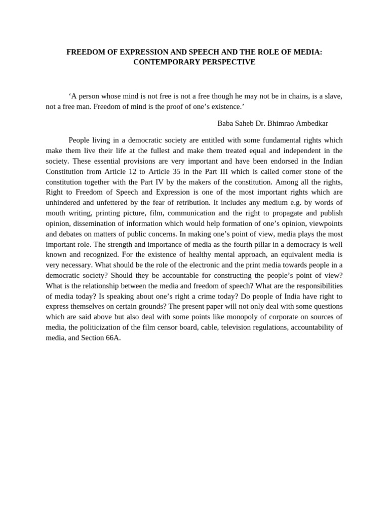 Freedom of Expression and Speech and The Role of Media Contemporary ...