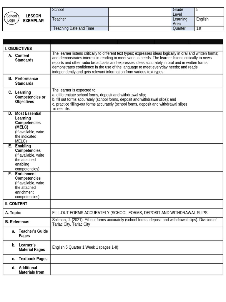 Grade 5 English Lesson: Filling Forms | PDF | Learning | Teachers