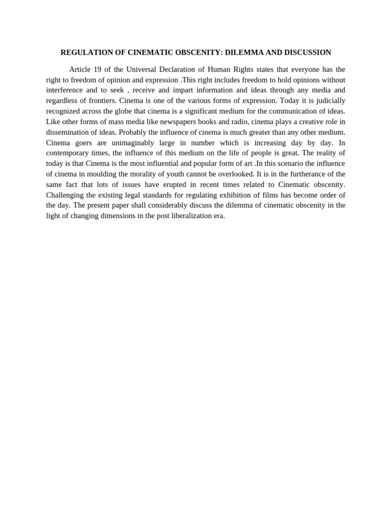Regulation of Cinematic Obscenity Dilemma and Discussion | PDF