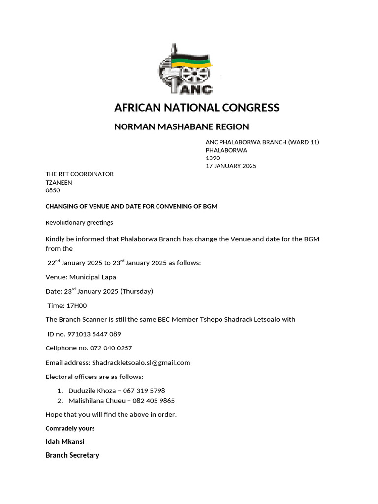 Anc Phalaborwa Branch Letter To The Region Pre - BGM 06 January 2025 | PDF