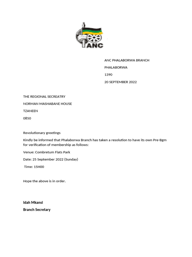 Anc Phalaborwa Branch Letter To The Region Pre - BGM 20 September 2022 ...