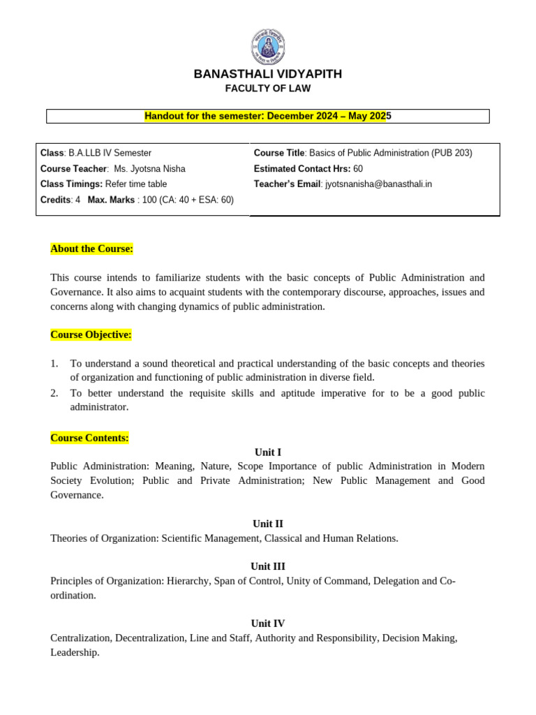 PUB 203 - BALLB, IV Semester - Basics of Public Administration | PDF | Cognition