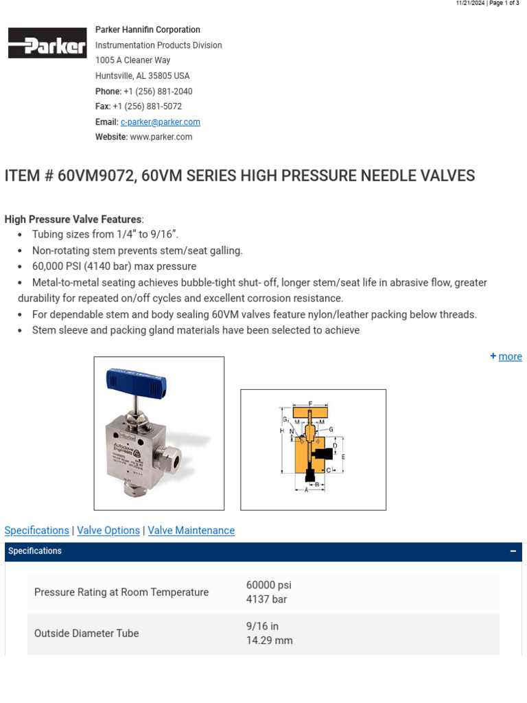 60VM9072 60VMSeriesHighPressureNeedleValves | PDF | Valve | Manufactured Goods
