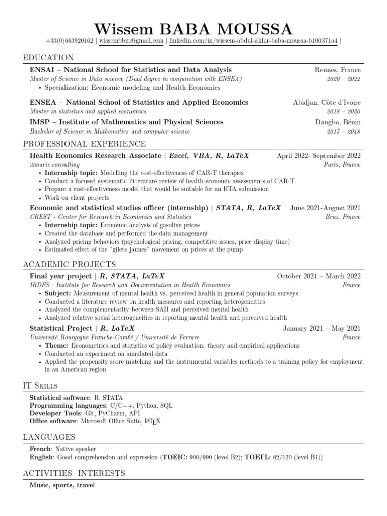 Resume Wissem BABAMOUSSA PDF | PDF | Statistics | Economics