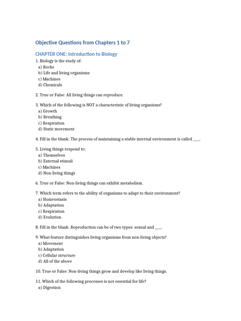 Biology Objective Questions: Chapters 1-7 | PDF | Cell (Biology ...