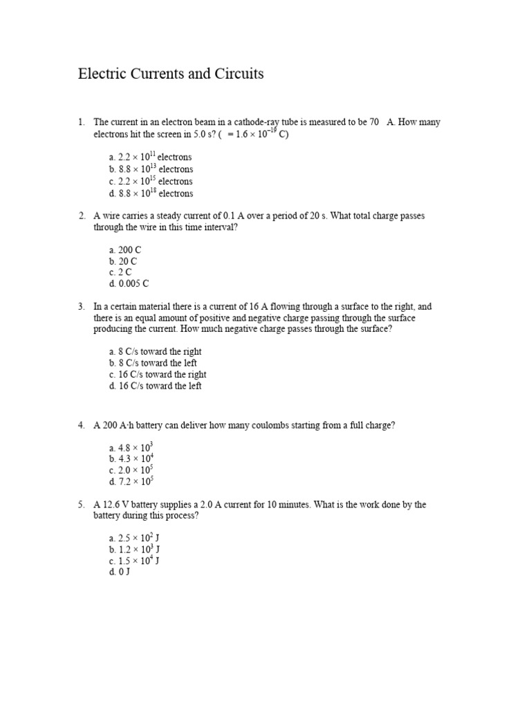 Electric Currents and Circuits Practice Problems | PDF | Electric Power ...