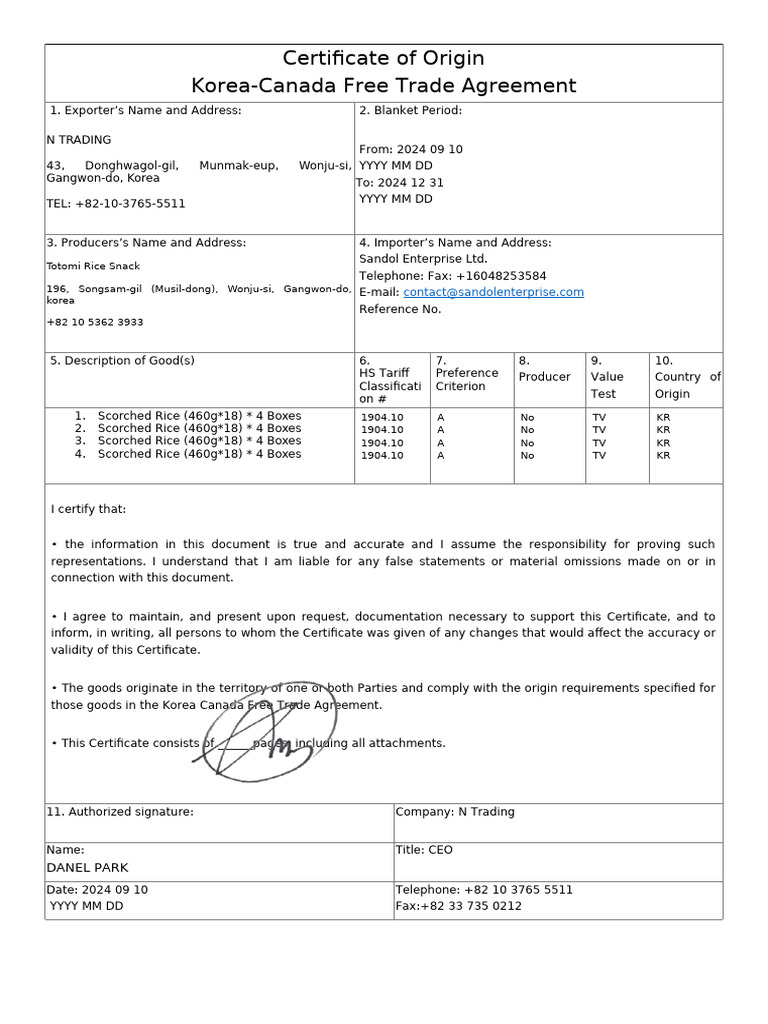 Korea-Canada Certificate of Origin | PDF | International Trade
