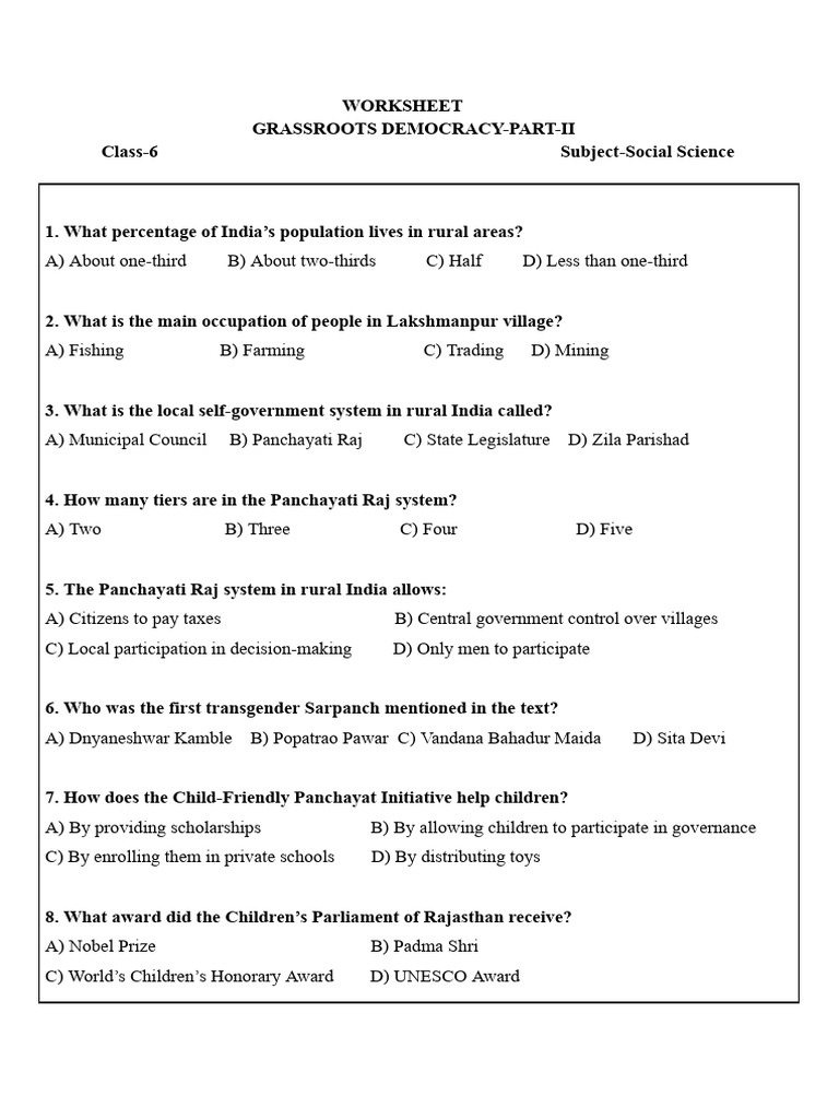 WORKSHEET Grassroots Democracy Part II | PDF | Government Of India ...